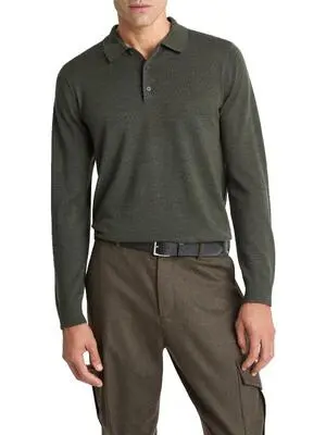 Vince Long Sleeve Merino Wool Polo - Dark Leaf