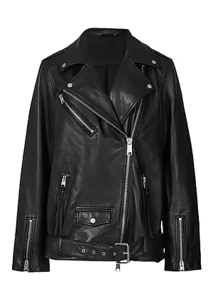 ALLSAINTS Billie Belted-hem Relaxed-fit Leather Biker Jacket - Black