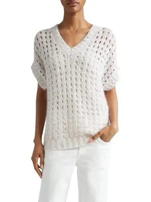 Eleventy Sparkle Openwork Sweater - Blush Ivory