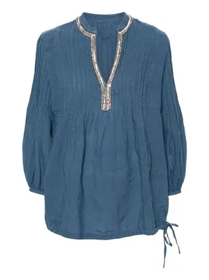 120% Lino Split-neck Linen Blouse - Blue