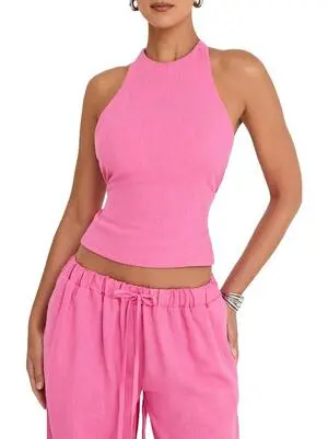 MISTRESS ROCKS Crop Linen Blend Halter Top - Rose