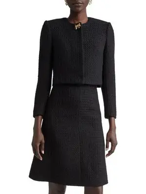 Oscar De La Renta Bow Detail Wool Tweed Crop Jacket - Black