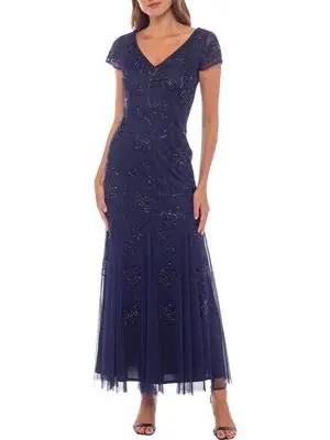 MARINA B Beaded V-Neck Gown