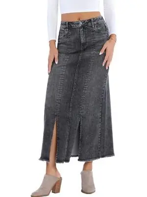 WASH LAB DENIM Wash Lab Denim Double Front Slit Denim Maxi Skirt Split Grey
