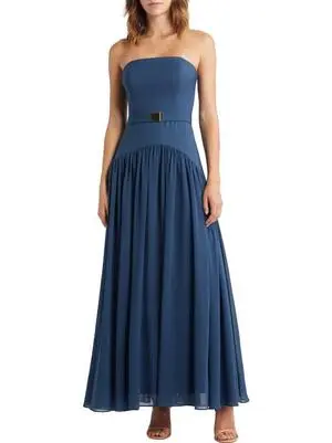 HUTCH Belted Strapless Drop Waist Dress - Navy