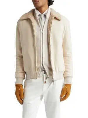 Eleventy Boiled Wool & Genuine Shearling Bomber Jacket - Sand