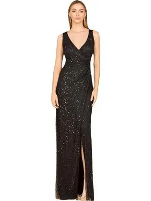 LARA NEW YORK Beaded Gown With Slit - Black