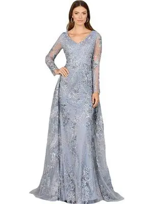LARA NEW YORK Lace Long Sleeve Gown With Overskirt - Slatemulti