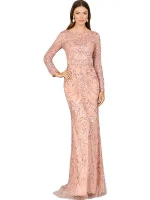 LARA NEW YORK Long Sleeve Lace Gown - Blush