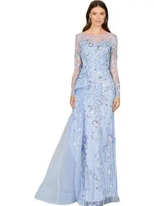 LARA NEW YORK Asymmetrical Overlay Gown With Sleeves - Periwinkle