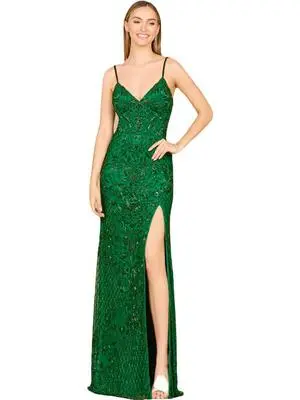LARA NEW YORK Beaded V-neck Gown - Emerald