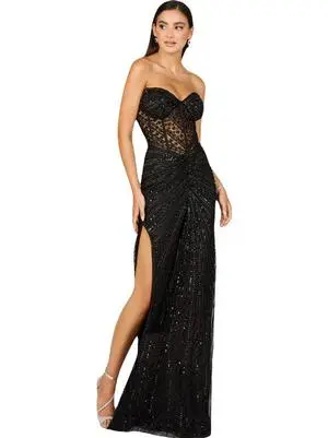 LARA NEW YORK Embellished Strapless Gown With Slit - Black