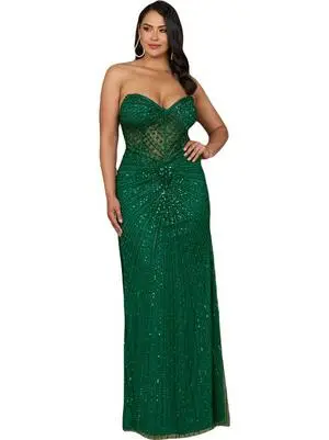 LARA NEW YORK Embellished Strapless Gown With Slit - Emerald