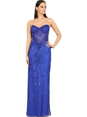 LARA NEW YORK Embellished Strapless Gown With Slit - Sapphire