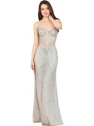LARA NEW YORK Embellished Strapless Gown With Slit - Silver