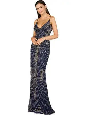 LARA NEW YORK Beaded Spaghetti Strap Gown - Navygunmetal