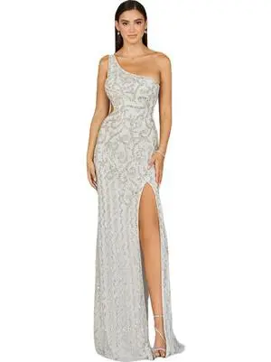LARA NEW YORK One-shoulder Beaded Gown With Slit - Silver