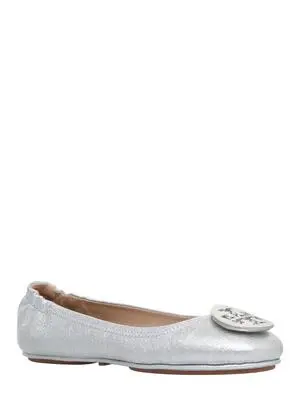 Tory Burch Metallic Leather Minnie Travel Ballet Flats Grey