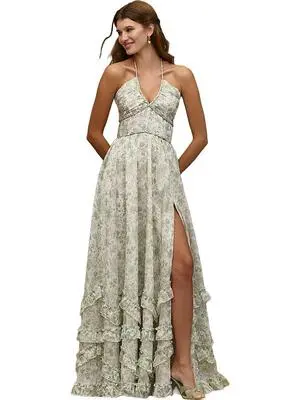 V. Chapman Scarlette Embellished Corset Halterneck Maxi Dress - Sage Toile  | Editorialist