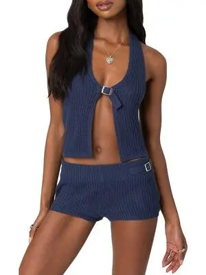 EDIKTED Belted Halter Sweater Tank - Navy