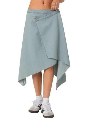 EDIKTED Asymmetric Wrap Denim Midi Skirt - Light-blue