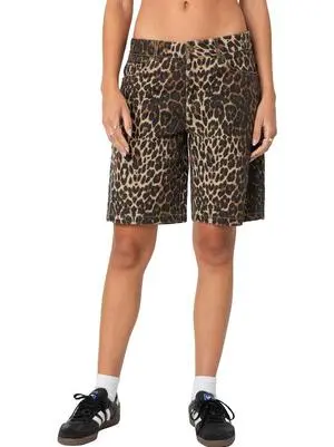 EDIKTED Low Rise Denim Bermuda Shorts - Leopard