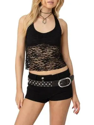 EDIKTED Tia Sheer Lace Crop Halter Top - Black