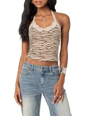 EDIKTED Zebra Print Halter Crop Top - Beige