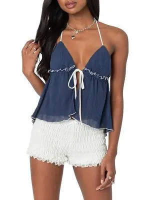 EDIKTED Pleated Split Front Halter Top - Navy