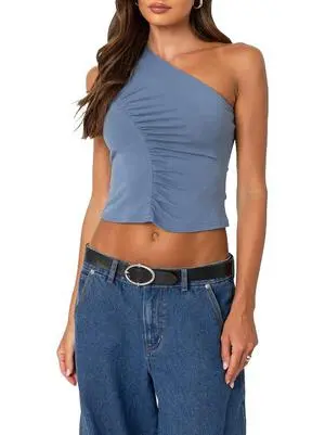 EDIKTED Ivy Ruched One-shoulder Crop Top - Blue