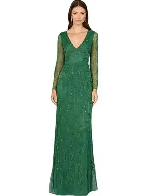 LARA NEW YORK Beaded Long Sleeve Gown - Forestgreen