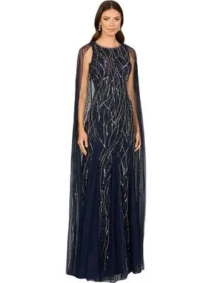 LARA NEW YORK Beaded Tulle Gown With Cape Sleeves - Navy