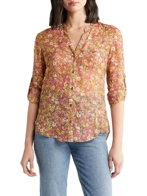 Kut From The Kloth KUT From The Kloth Jasmine Chiffon Button-Up Shirt Potenza-olive/pink
