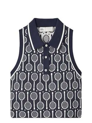 Tory Burch Cropped Tech Knit Polo Tank Top - Tory Navy Racquets