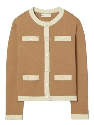 Tory Burch Kendra Chunky Wool Trim Cardigan Camel Heather/french Cream