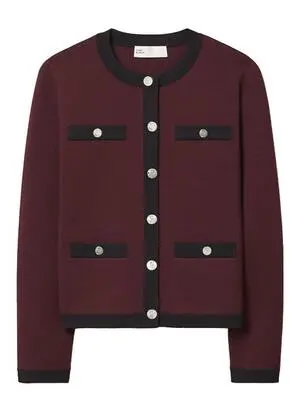 Tory Burch Kendra Chunky Wool Trim Cardigan Merlot/black