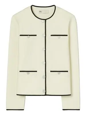 Tory Burch Kendra Chunky Wool Trim Cardigan New Ivory/black