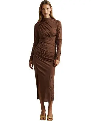 REISS Kelly Jersey Ruched Midi Dress - Chocolate