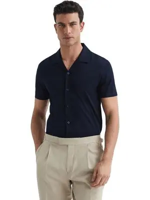 REISS Caspa Mercerised 100% Cotton Jersey Cuban Collar Shirt - Navy