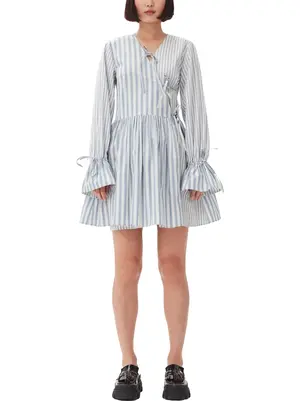 GANNI Stripe-print Mini Wrap Dress - Grey