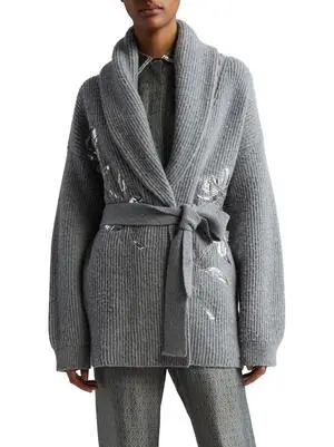 GOLDEN GOOSE Embellished Wool Belted Cardigan - Grey Melange