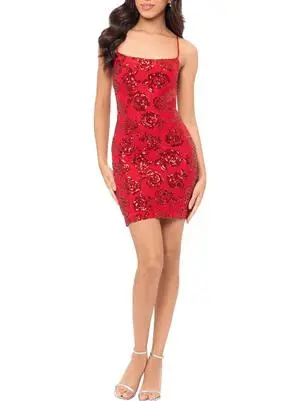 BLONDIE NITES Floral Sequin Mini Dress - Red