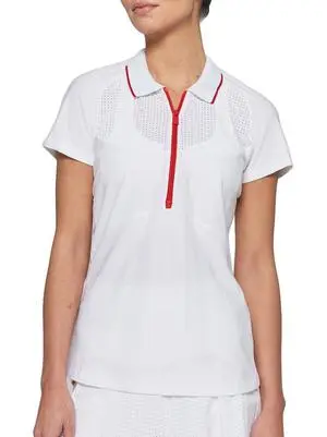 L'ETOILE SPORT Mesh Zip Performance Polo - White With Red Trim