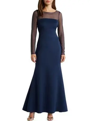 Eliza J Rosette Mesh Trim Long Sleeve Gown - Navy