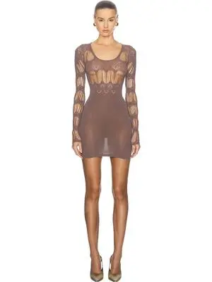 Saint Laurent Cut Out Long Sleeve Dress - Taupe