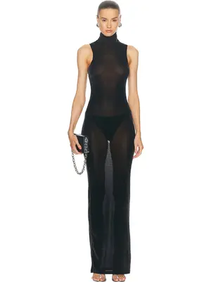 PRISCAVERA Velvet Mesh Turtleneck Maxi Dress - Obsidian
