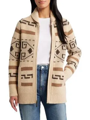 Pendleton Westerly Front Zip Long Wool Cardigan - Tan/ Brown Multi