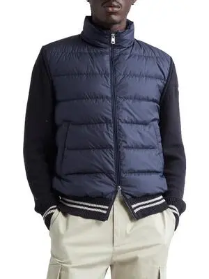 Moncler Quilted Down And Cotton Knit Cardigan - Blue