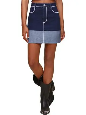 Avec Les Filles Contrast Cuff Denim Miniskirt - Dark Rinse Wash
