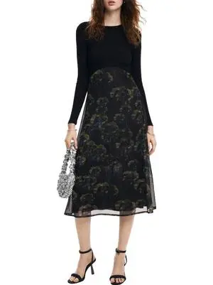 DESIGUAL Desigual Pensee Mixed Media Long Sleeve Dress